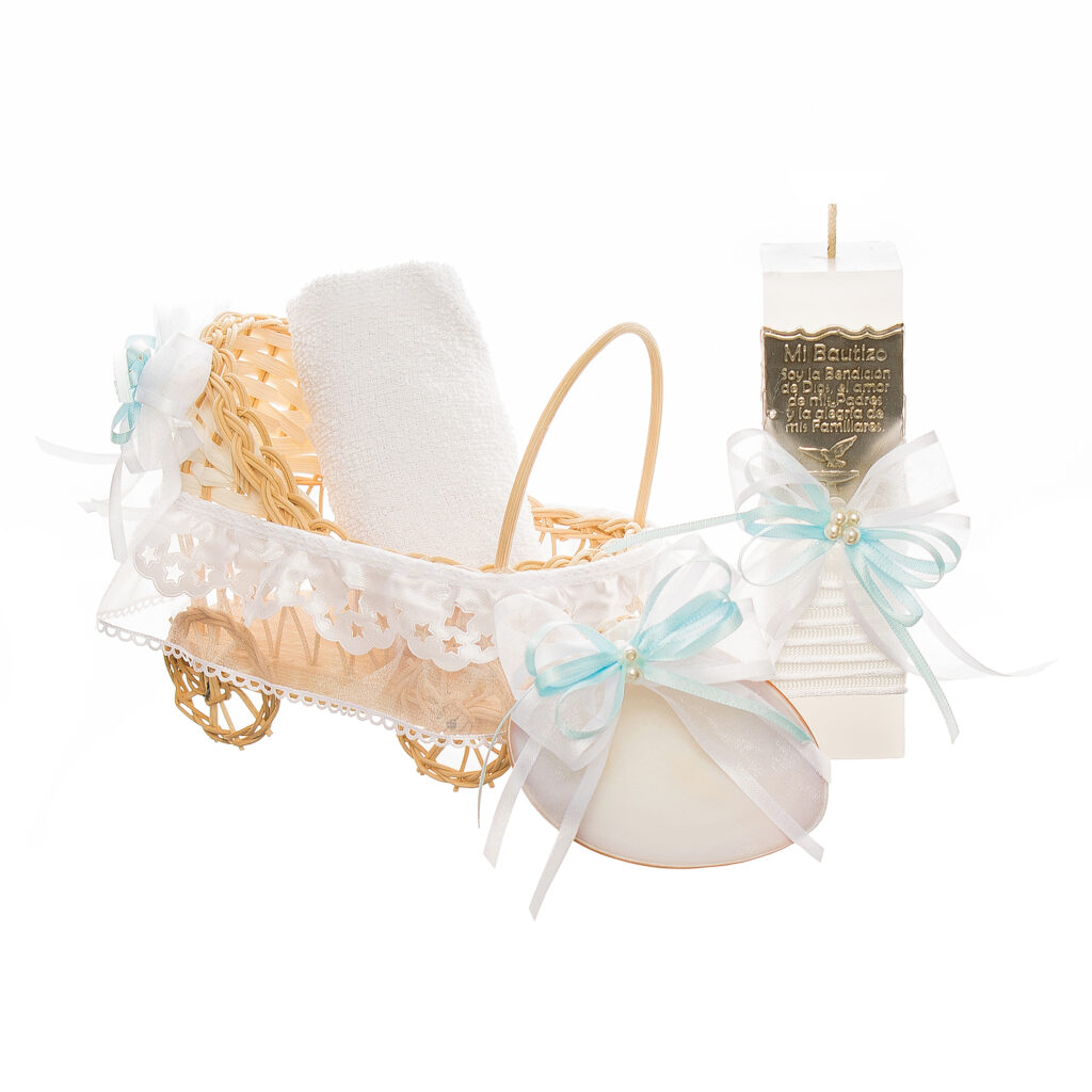 318 Juego de bautizo, modelo carriola, decorado listones azules y vela ...